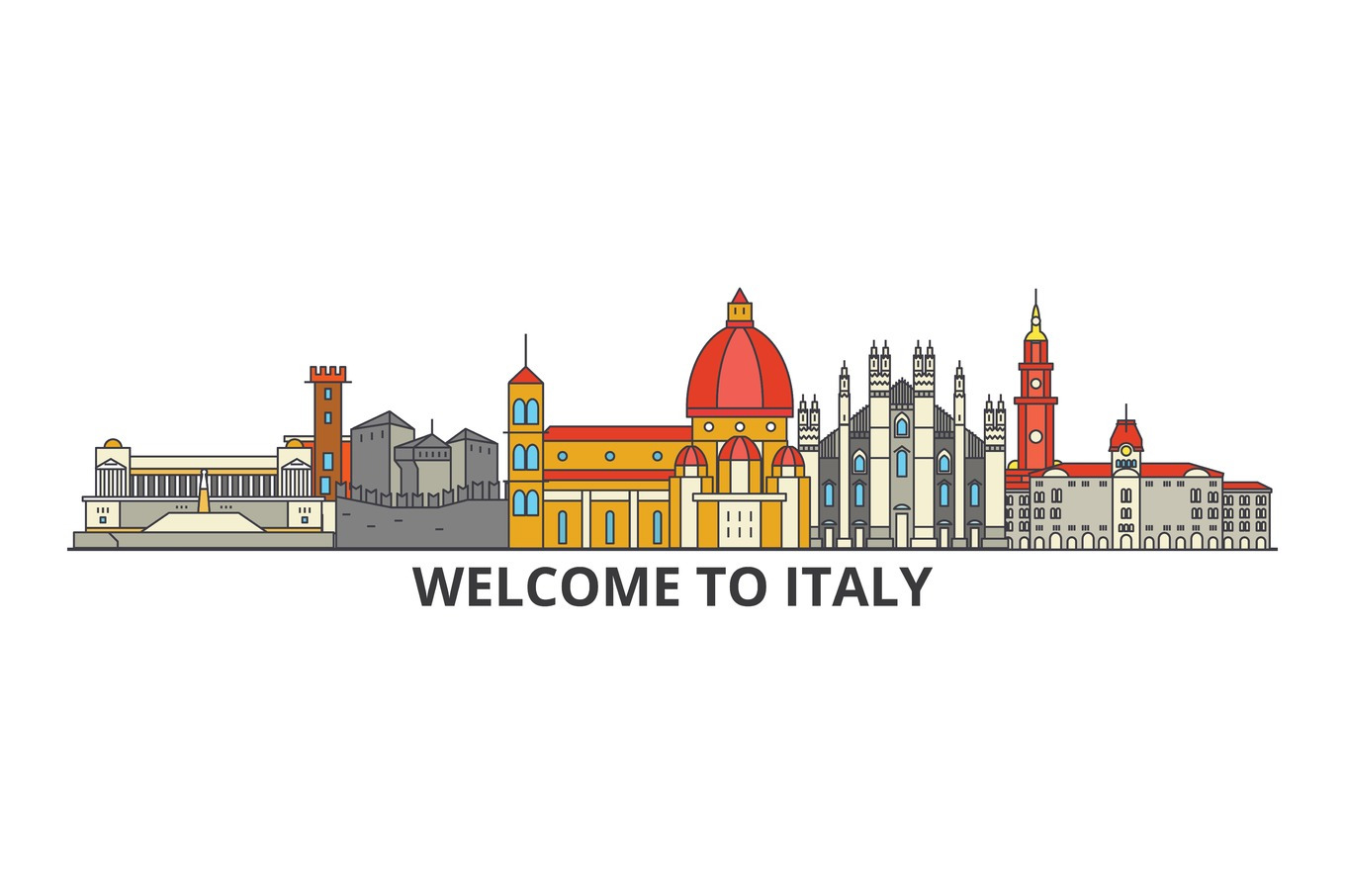 Italy outline skyline, italian flat thin line icons, landmarks ...
