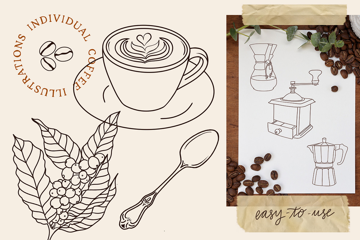 Charming Coffee Line Art, an Illustration by Jfims Designs