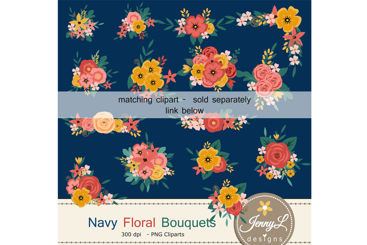 Navy Blue Flower Digital Paper, a Pattern Graphic by JennyL Designs