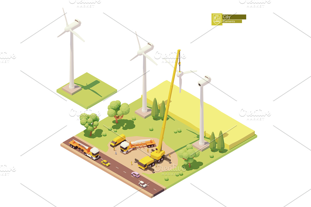 Vector low poly wind turbines farm, a Technology Illustration by tele52