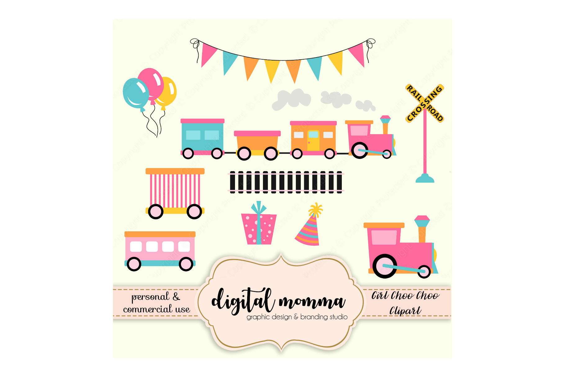 Girl Choo Choo Train Clipart Set, an Illustration by Digital Momma