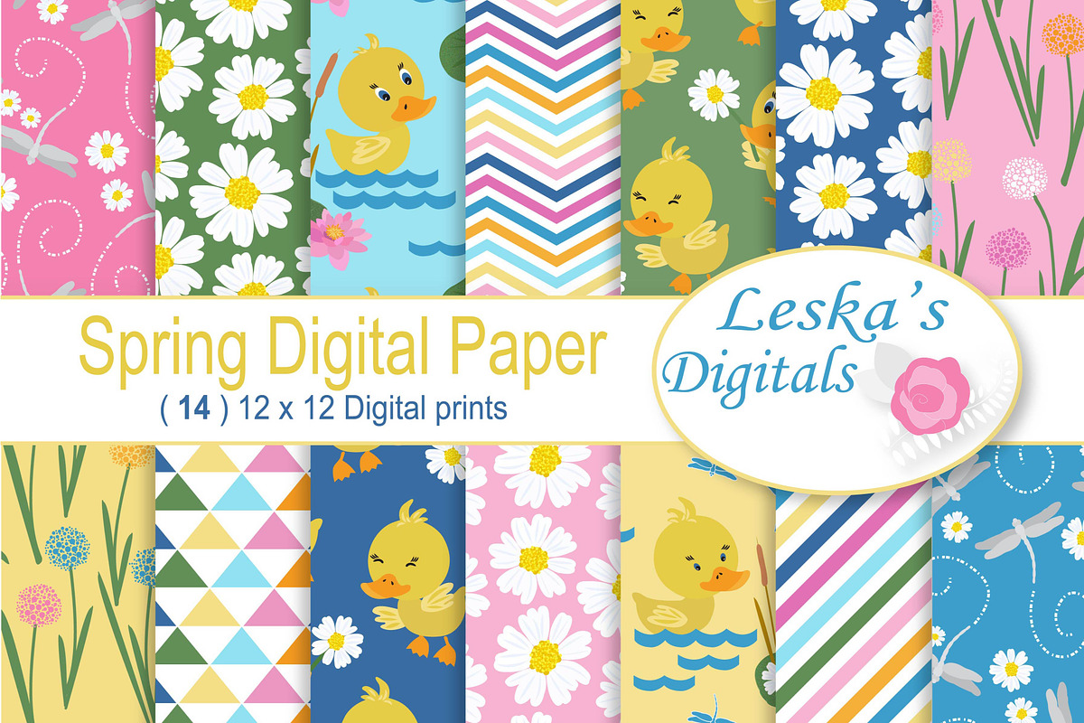 Spring Duck Pond Digital Paper Pack, a Pattern Graphic by Leska's Digitals