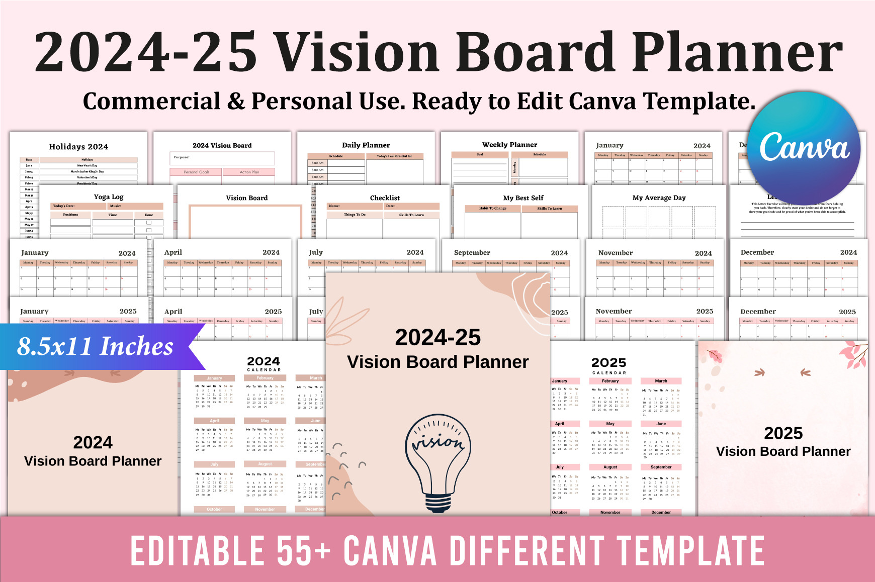 2024-25 Vision Board Planner For Canva | Creative Market
