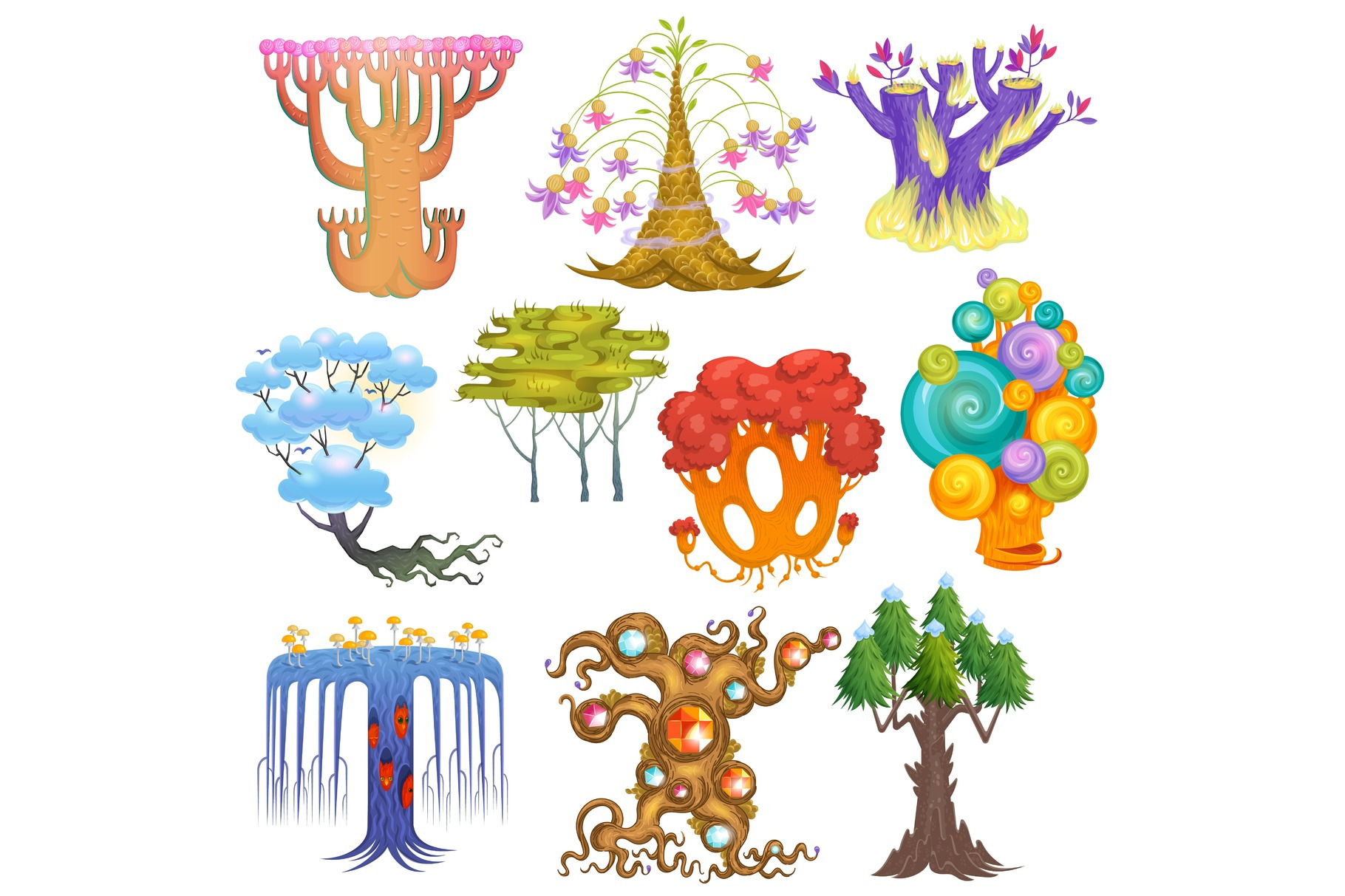 Magic tree vector fantasy forest with cartoon treetops and magical ...
