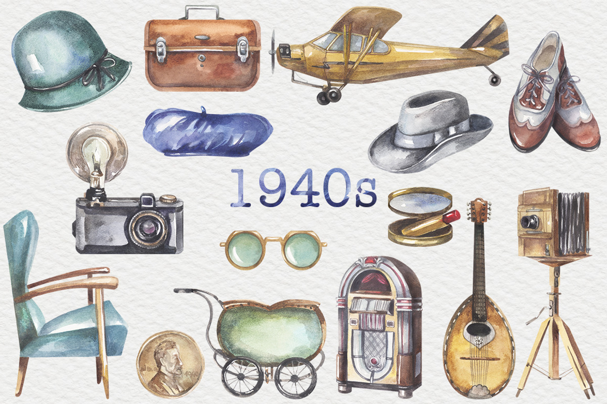 1940's clipart png watercolor, an Object Illustration by FITALARTSNEDIGI