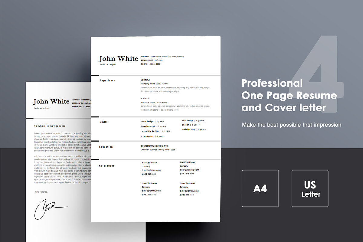 One page Resume CV + cover letter 4, a Resume Template by UX Design ...