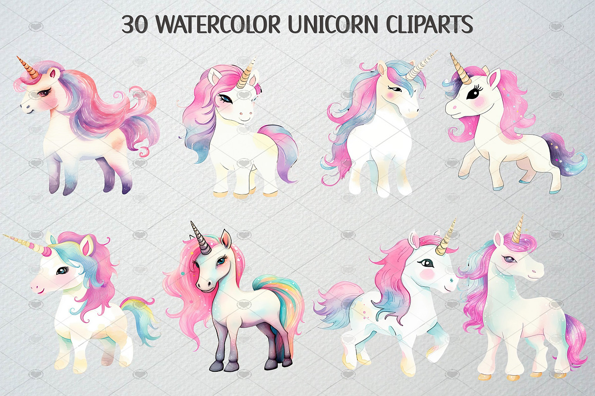 Watercolor Unicorn Clipart Set, 45 PNG