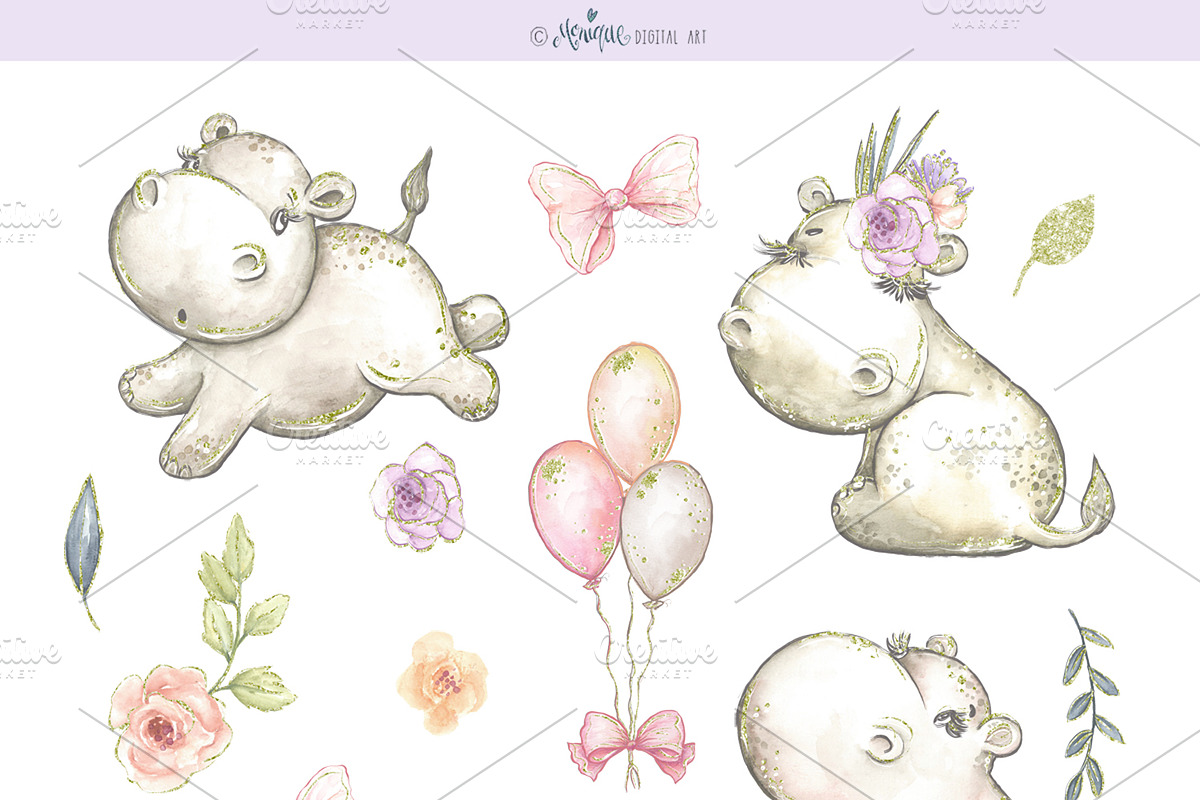Hippo clipart, cute, watercolor, an Illustration by Monique Digital Art