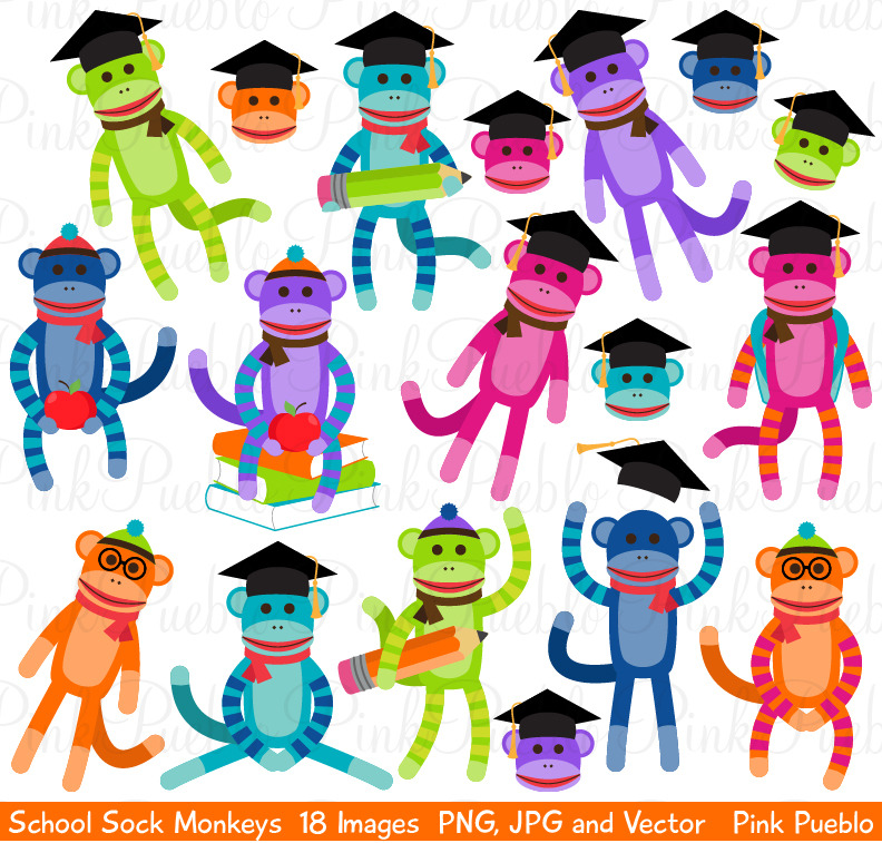 School Sock Monkey Clipart & Vectors, an Animal Illustration by PinkPueblo