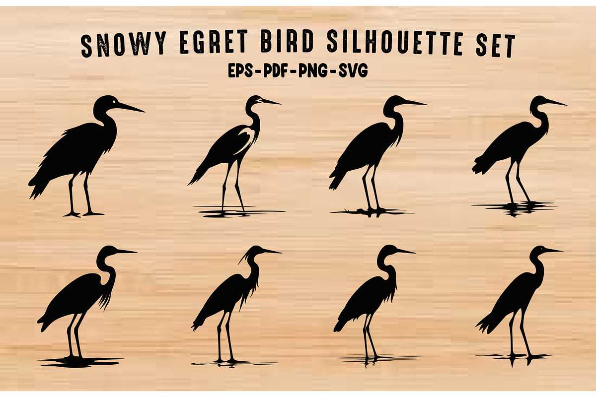 Snowy Egret Bird Silhouette SVG Clipart Bundle,