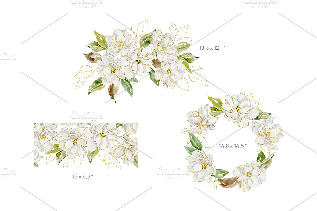 Watercolor & Gold Magnolia Flowers, an Illustration by GraphicsDish