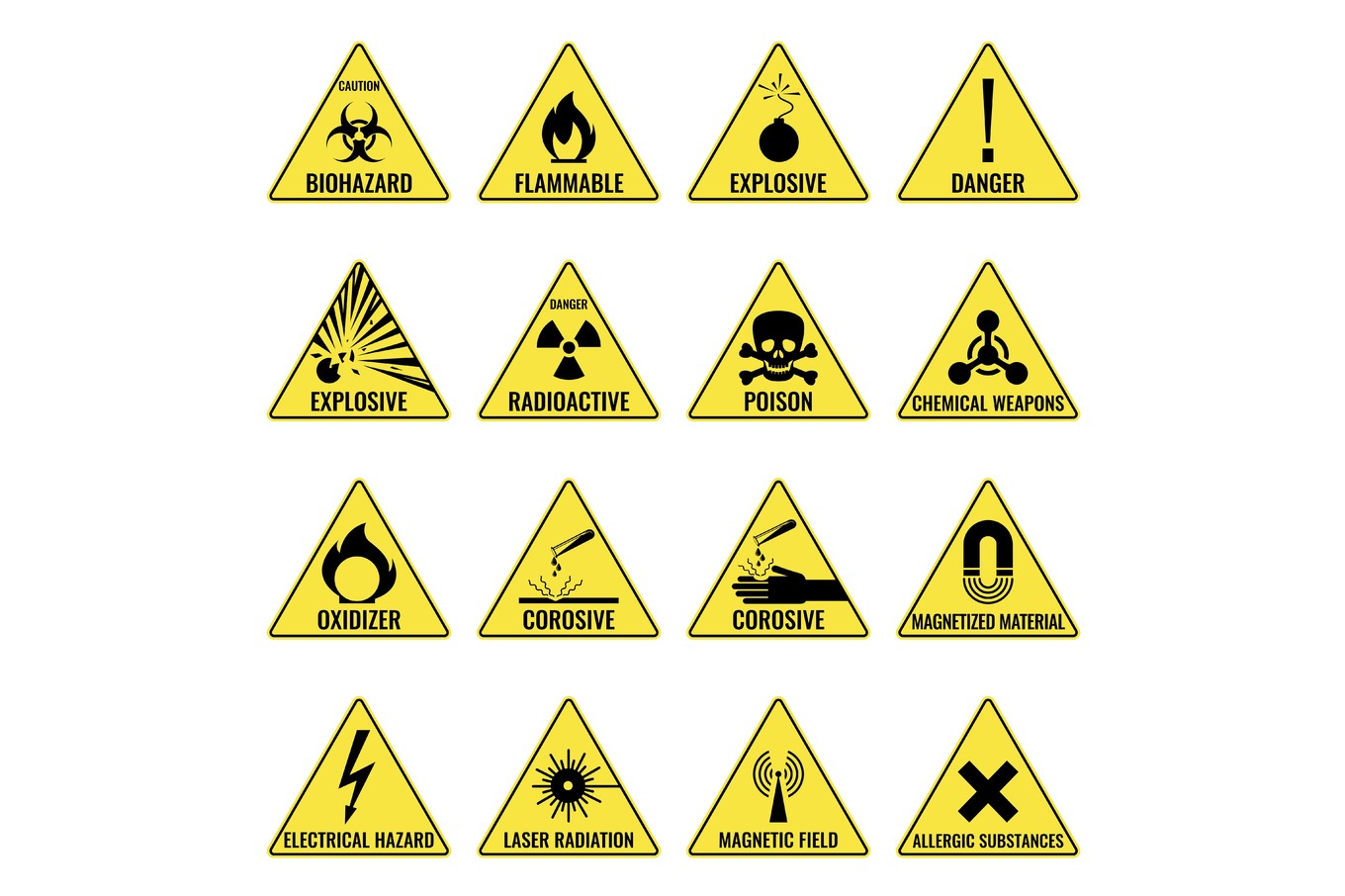 Hazard warning triangual yellow icon set on white, an Illustration by ...