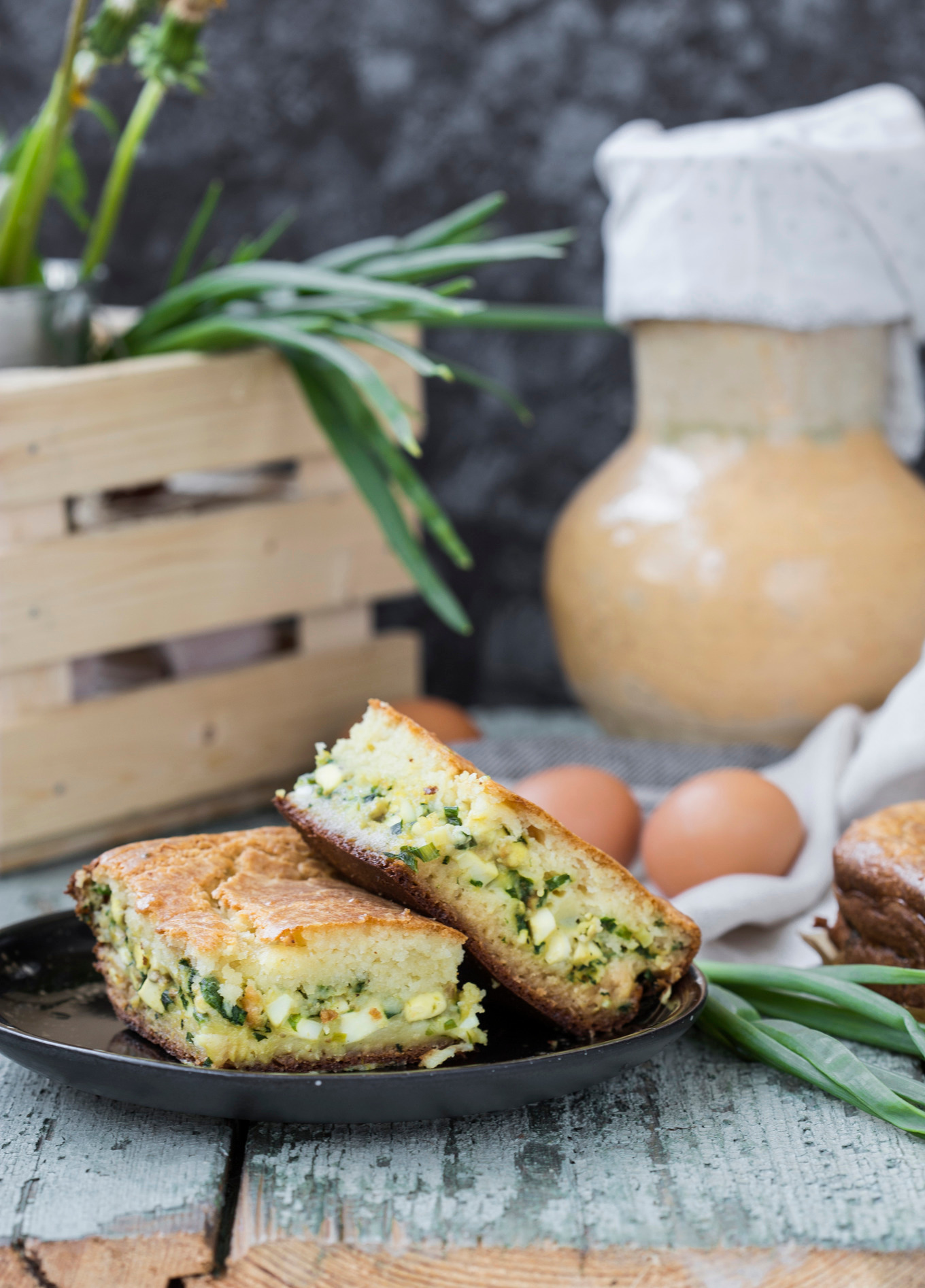 Pie with spring onion and eggs featuring appetizer, background, and ...