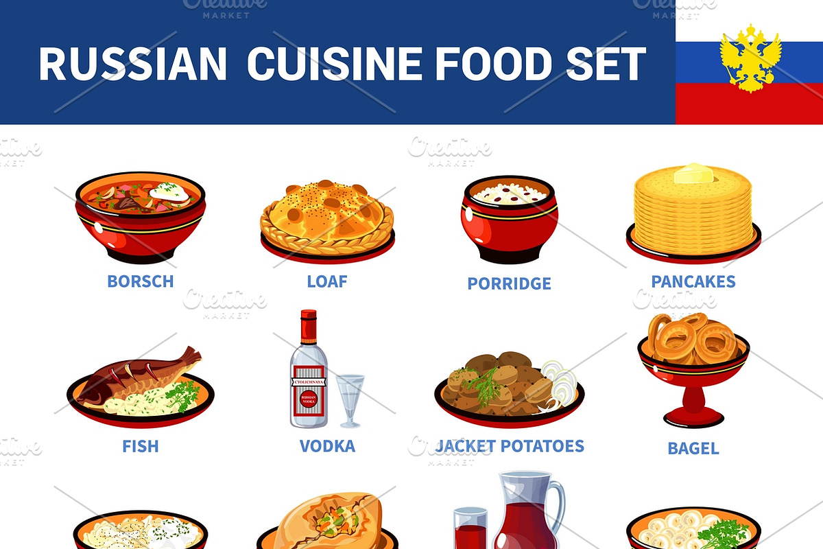 Russian national food icons set, an Icon by Macrovector | Creative Market