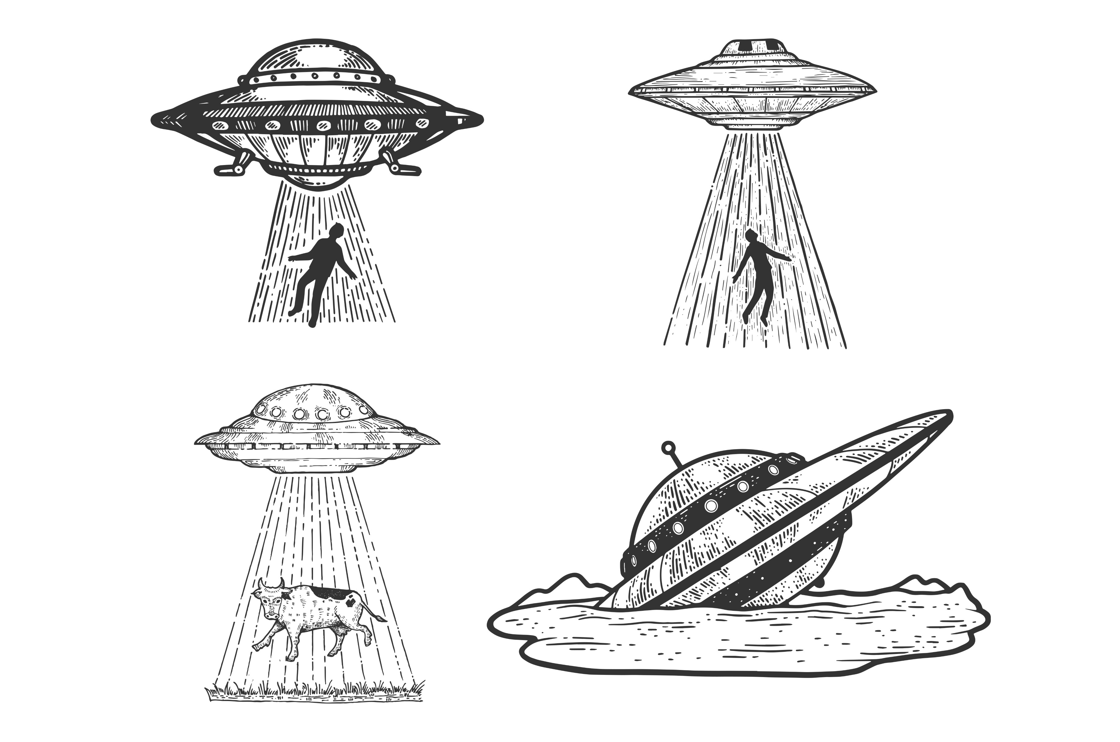UFO set sketch engraving vector, a Decorative Illustration by AlexArt