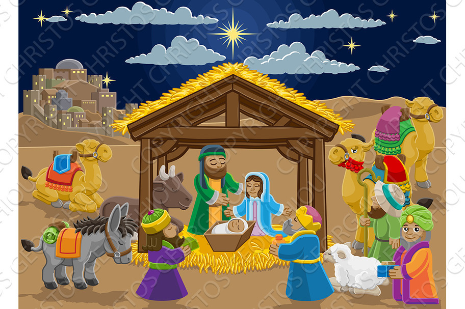 Christmas Nativity Scene Cartoon, an Animal Illustration by Christos ...