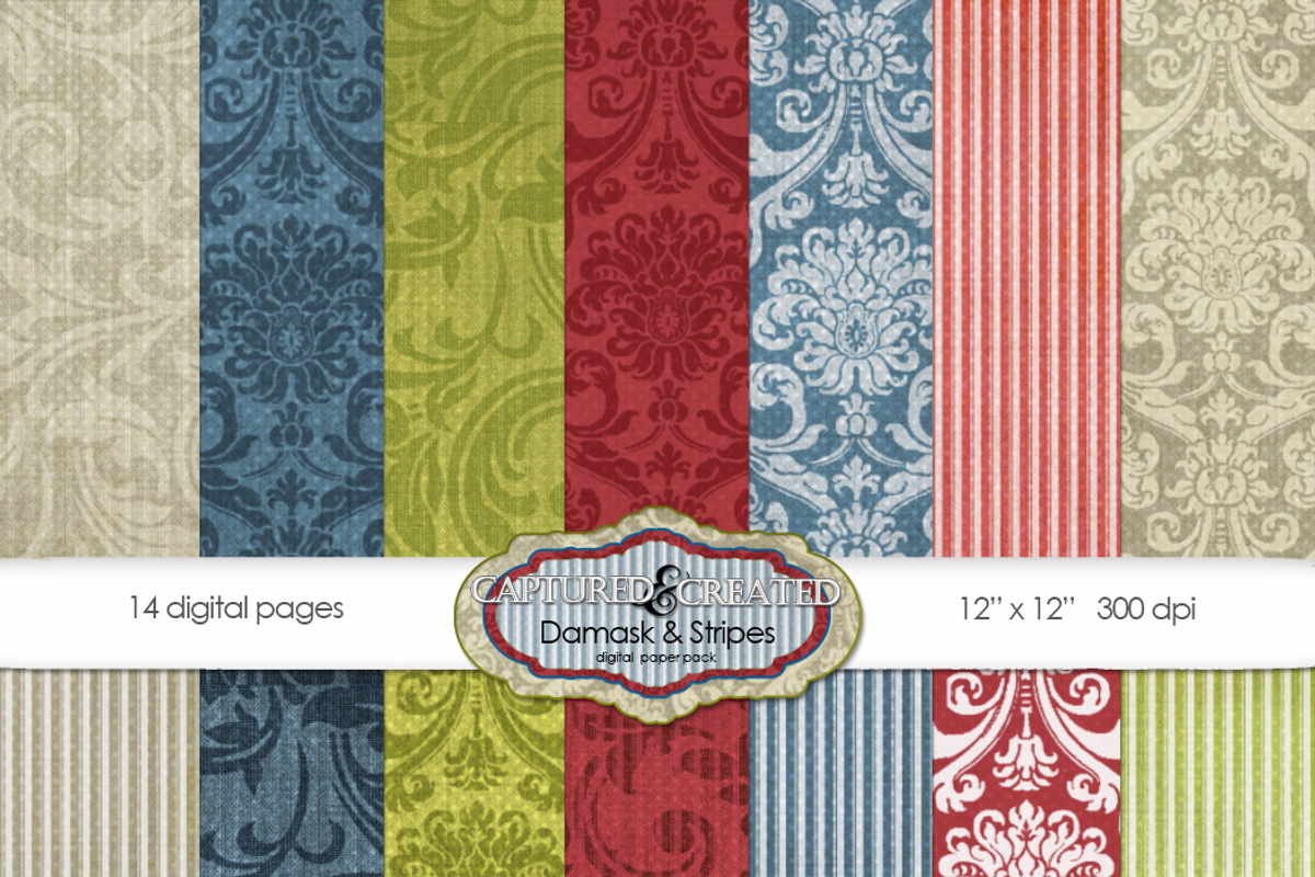 Damask and Stripes Digital Paper-14, a Pattern Graphic by Captured and ...