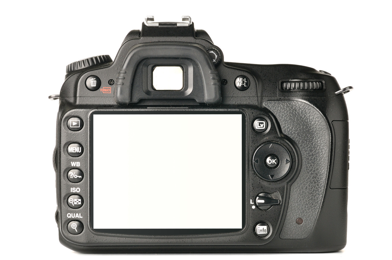 back of a modern DSLR camera, screen is cut with clipping path, a ...