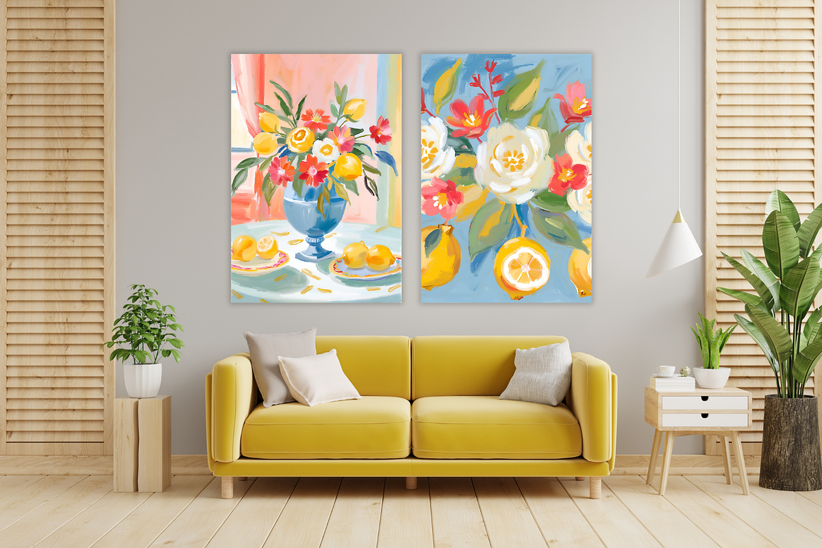 Summer lemon floral Mediterranean Blue tiles Floral Designs