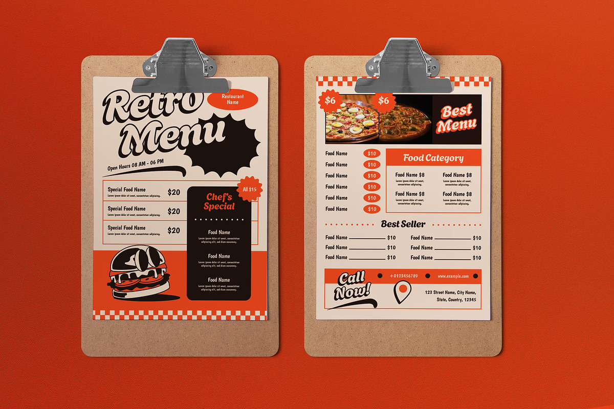 Orange Retro 1970s Food Menu, a Flyer Template by graphicook