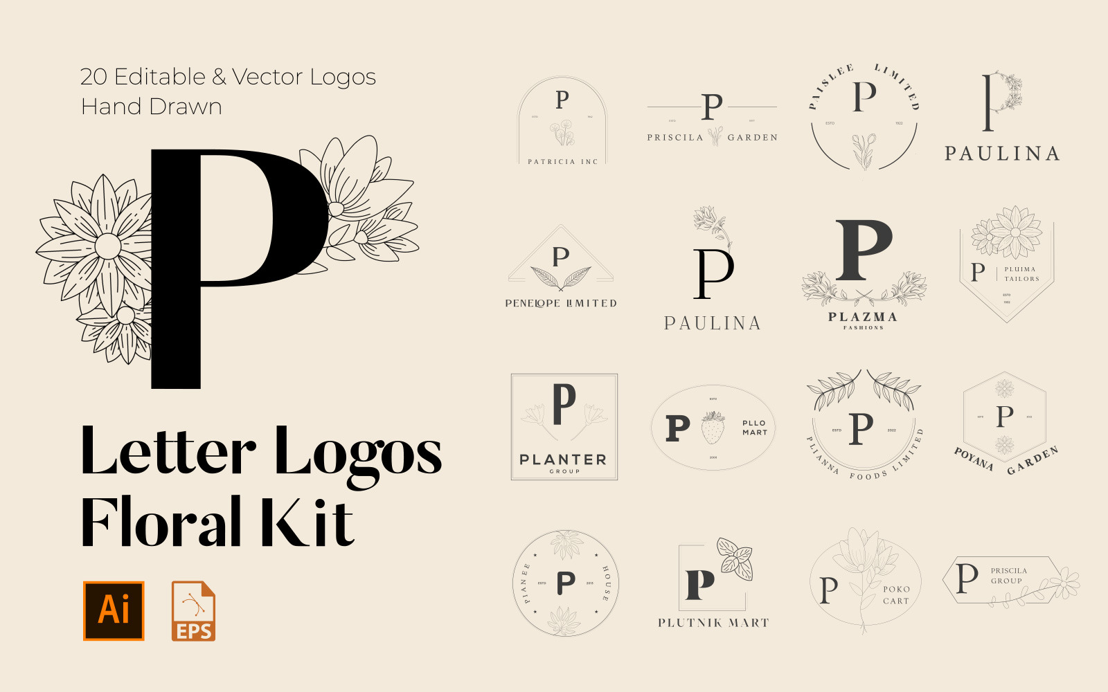P Letter Floral Handmade Logos kit, a Branding & Logo Template by AN ...