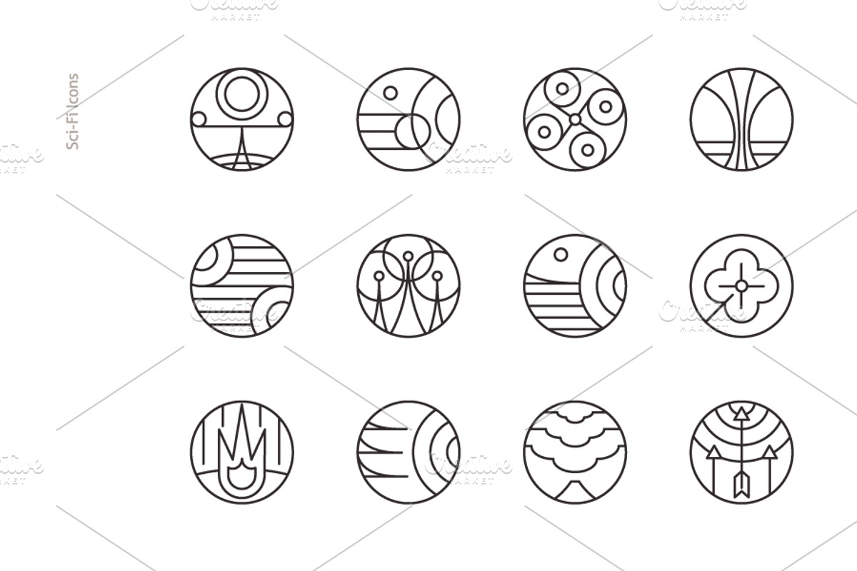 12 Sci-Fi Conceptual Icons, a Branding & Logo Template by Youhhou