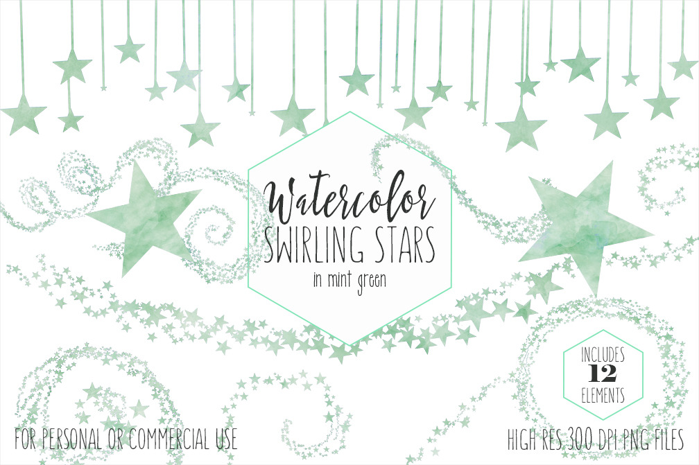 Mint Green Cute Watercolor Stars, an Illustration by ClipartBrat Graphics