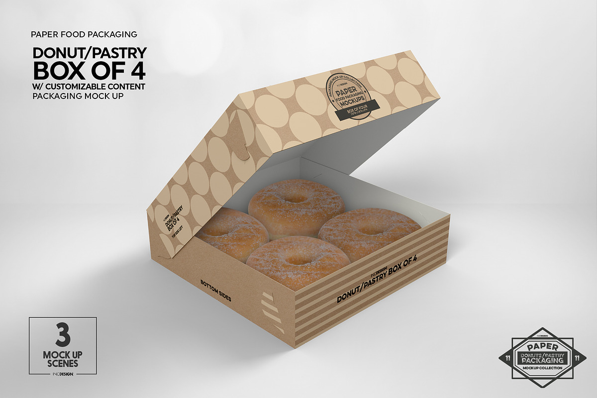 Box of Four Donut Pastry Box Mockup, a Packaging Mockup by INCDesign
