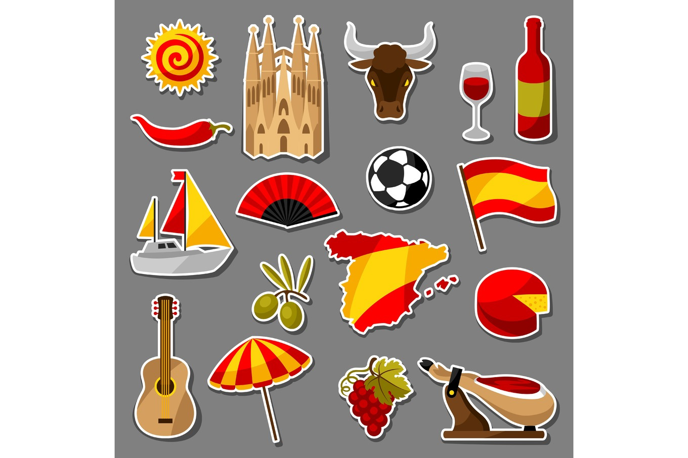 Spain sticker icons set. Spanish traditional symbols and objects ...