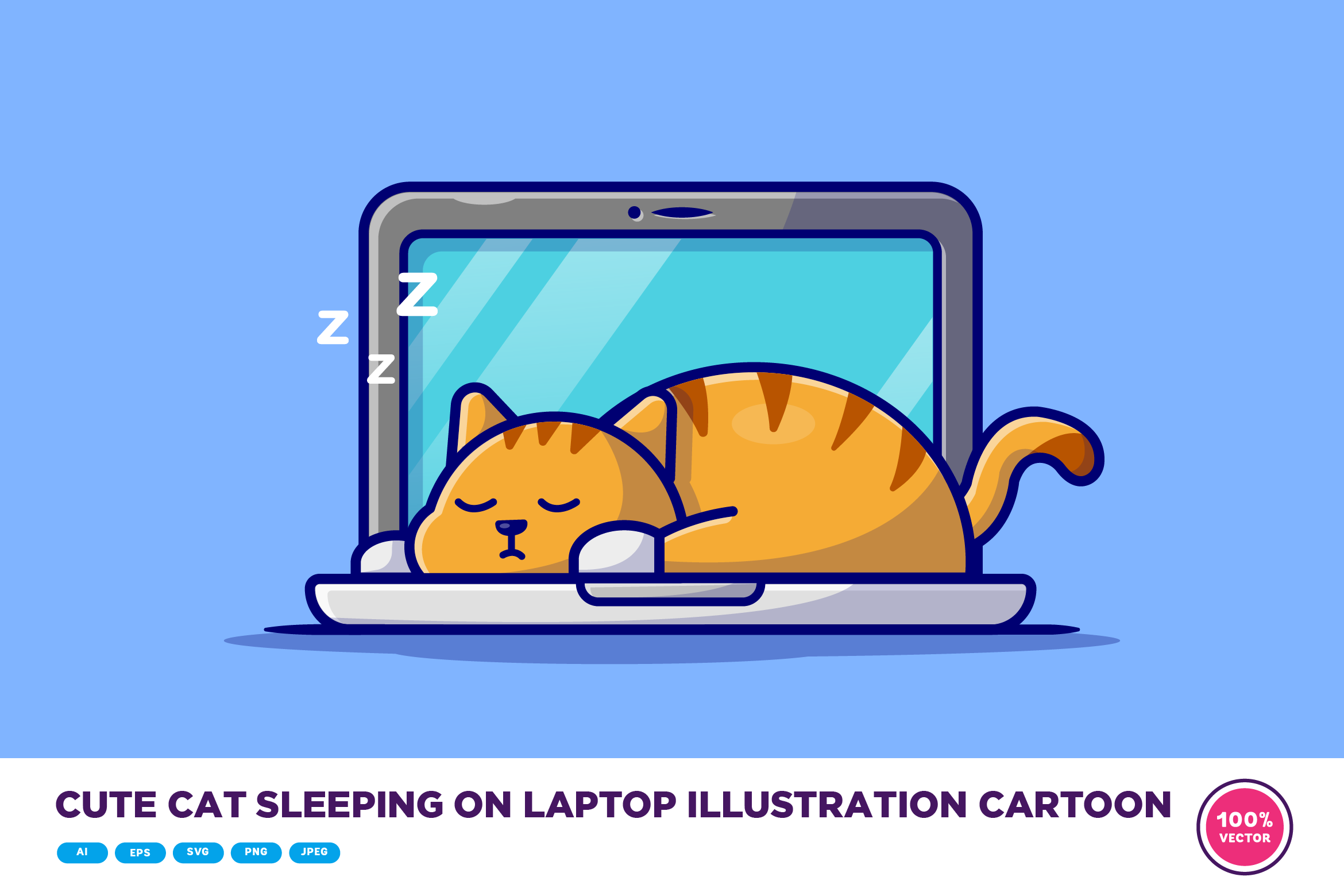 Cute Cat Sleeping On Laptop Cartoon, an Animal Illustration by Catalyst Labs | Creative Market