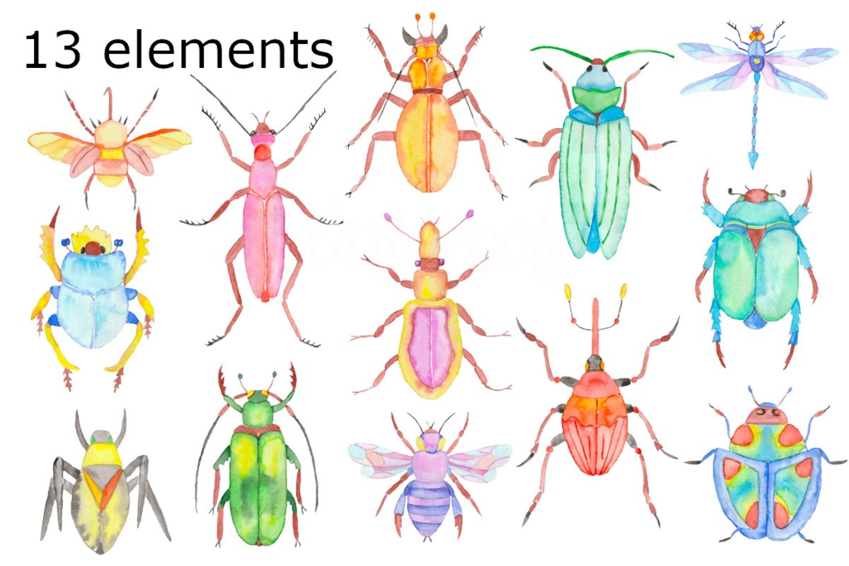 Watercolor retro bugs clipart, a Texture Illustration by GoodFairyClipArt