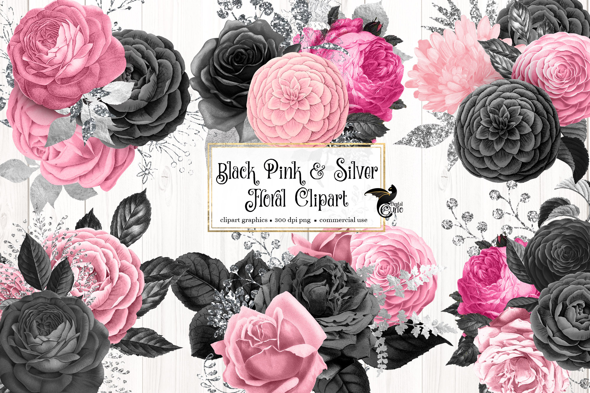 Black Pink and Silver Floral Clipart, an Illustration by Digital Curio
