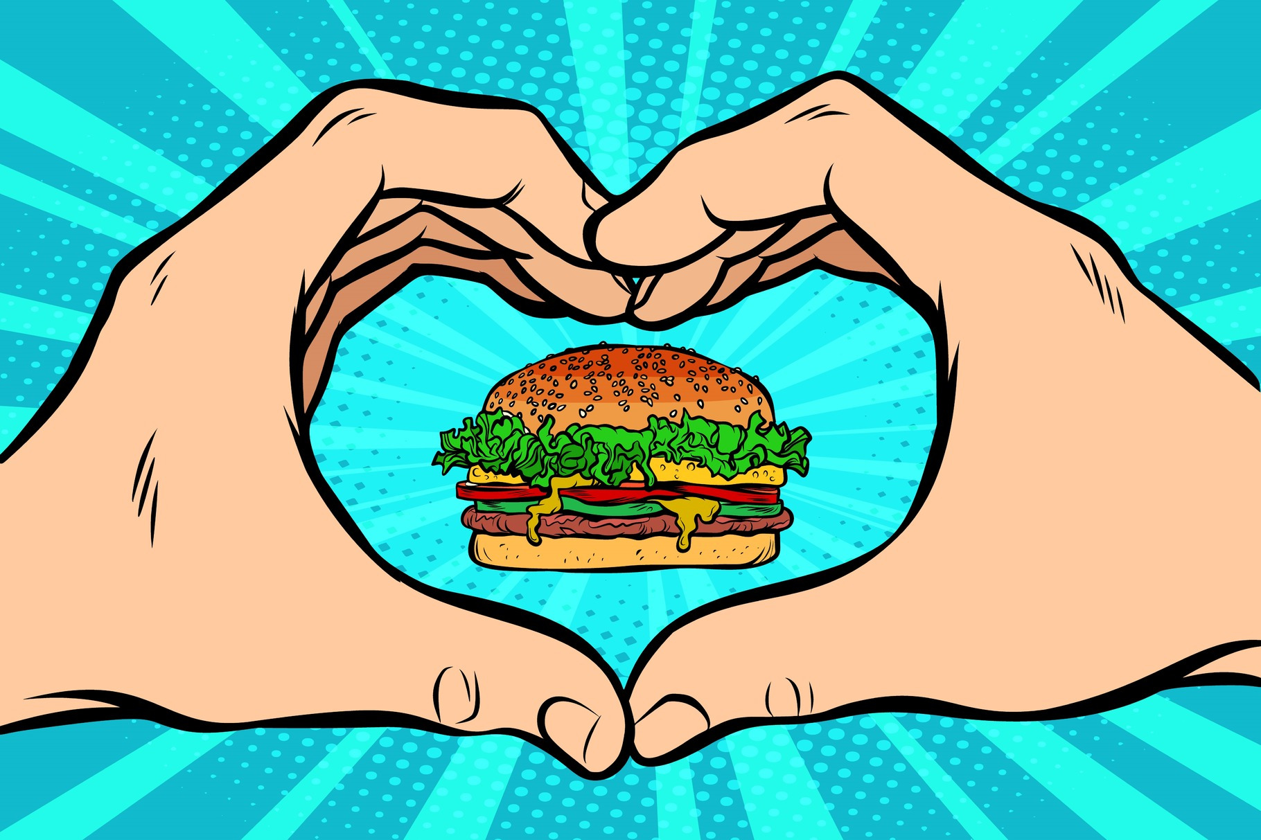 Burger, hand gesture heart, a Food Illustration by rogistok