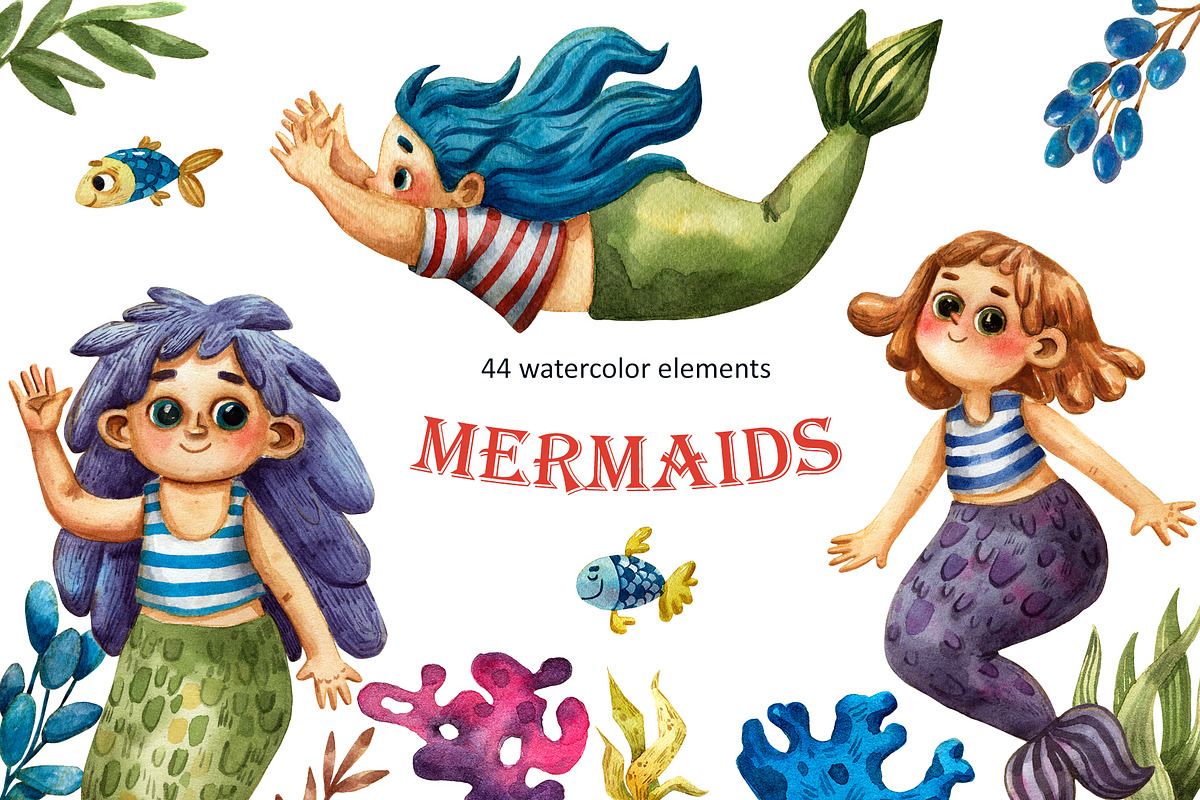 Mermaids - Watercolor Clip Art Set, an Illustration by Mashamashastu