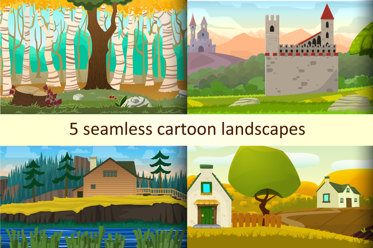 5 seamless cartoon landscapes, an Illustration by SHMEL_Studio