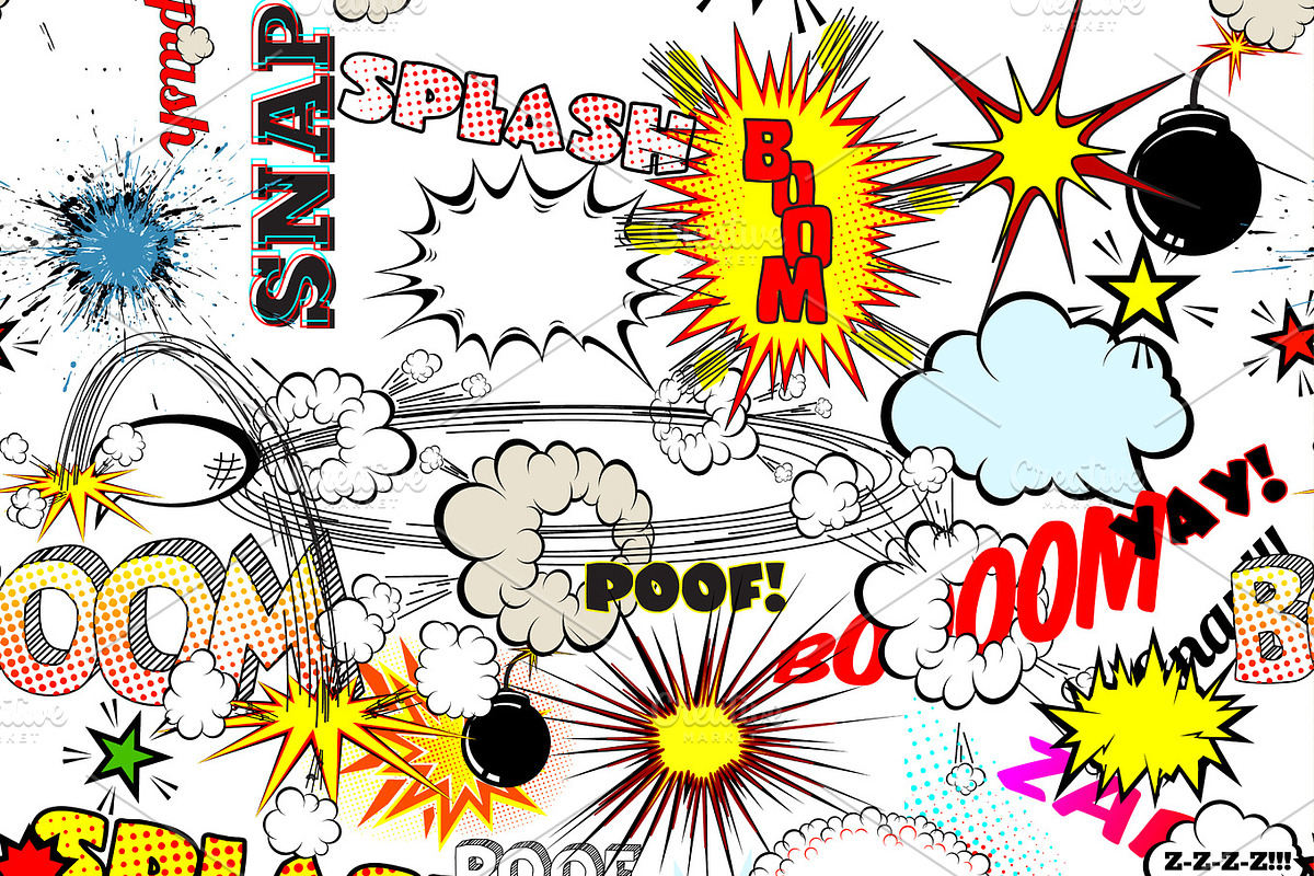 Seamless Comic Book Explosion, Bombs And Blast Set. Bubbles for speech ...