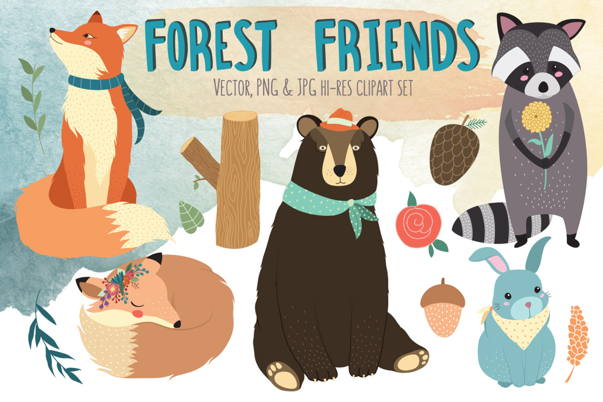 Forest Friends Vector Clipart Bundle, an Animal Illustration by Kenna ...