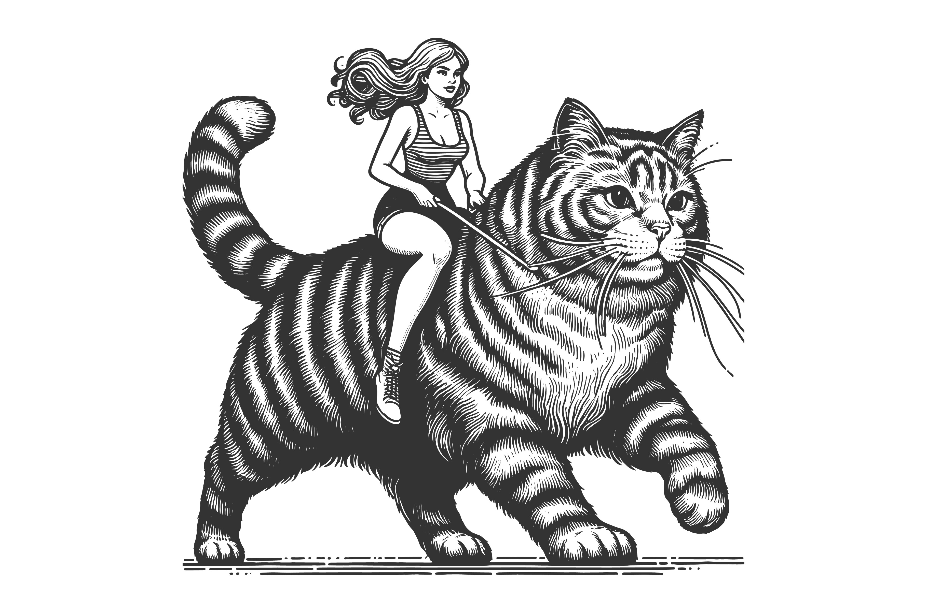 Woman Riding Giant Cat sketch vector, a Person Illustration by AlexArt