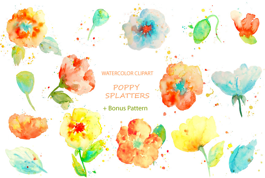 Watercolor Clipart Poppy Splatters, an Illustration by Corner Croft