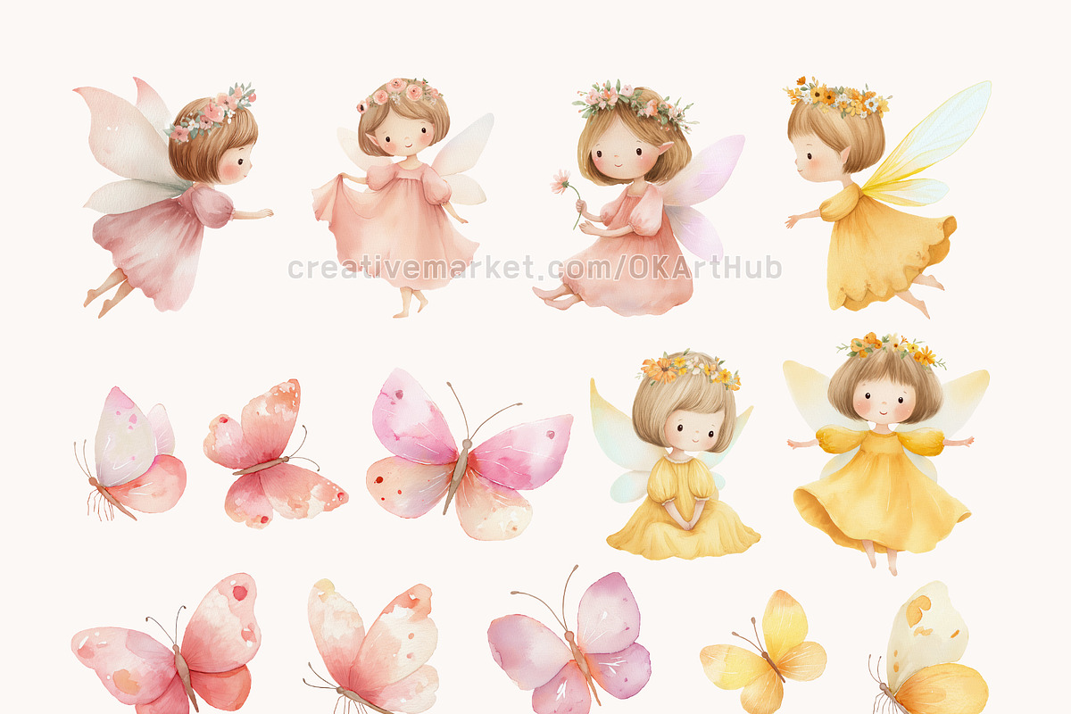 Watercolor Fairy Garden Clipart Set, a Decorative Illustration by OKArtHub