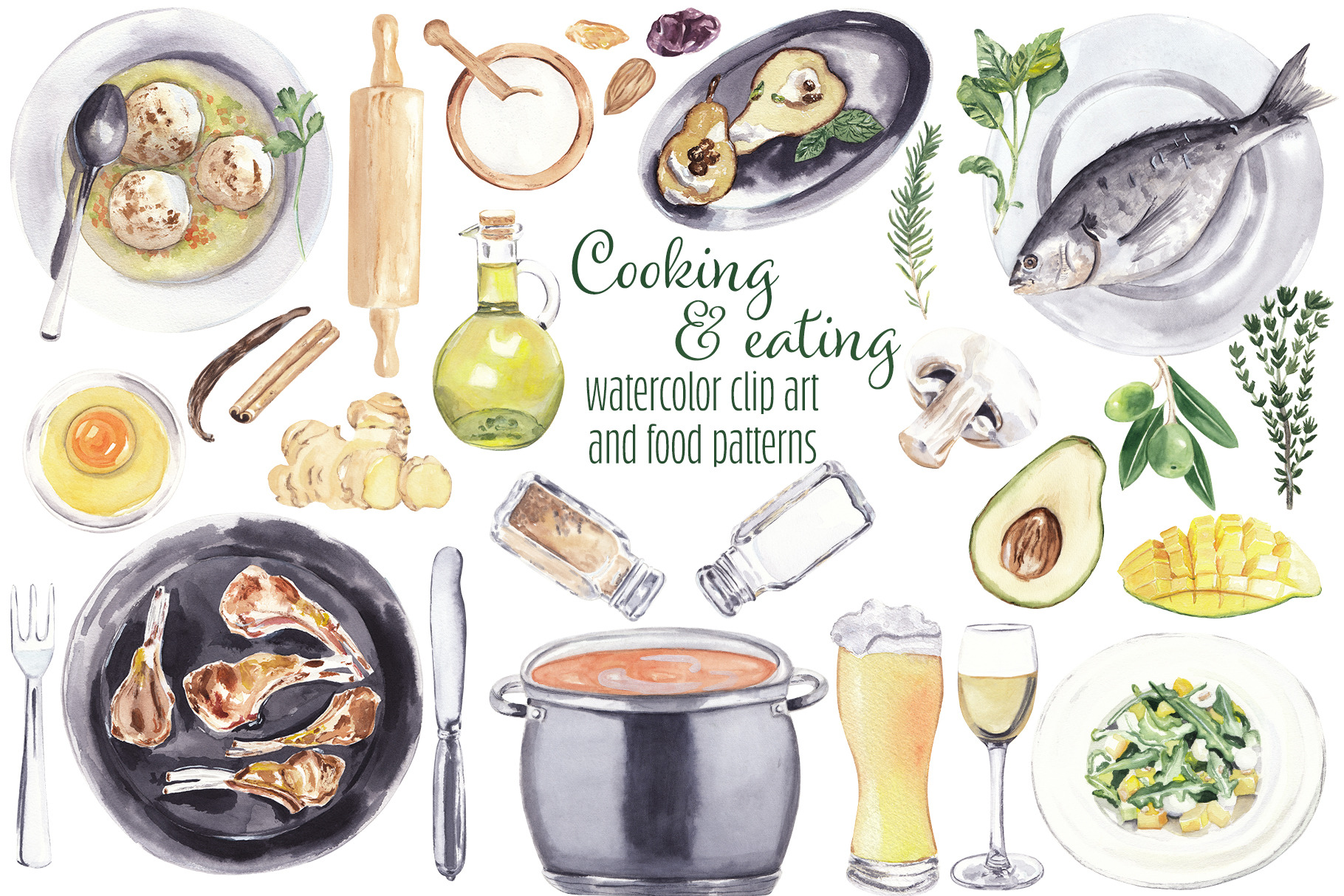 Watercolor cooking & eating clipart, a Food Illustration by Visual Animal