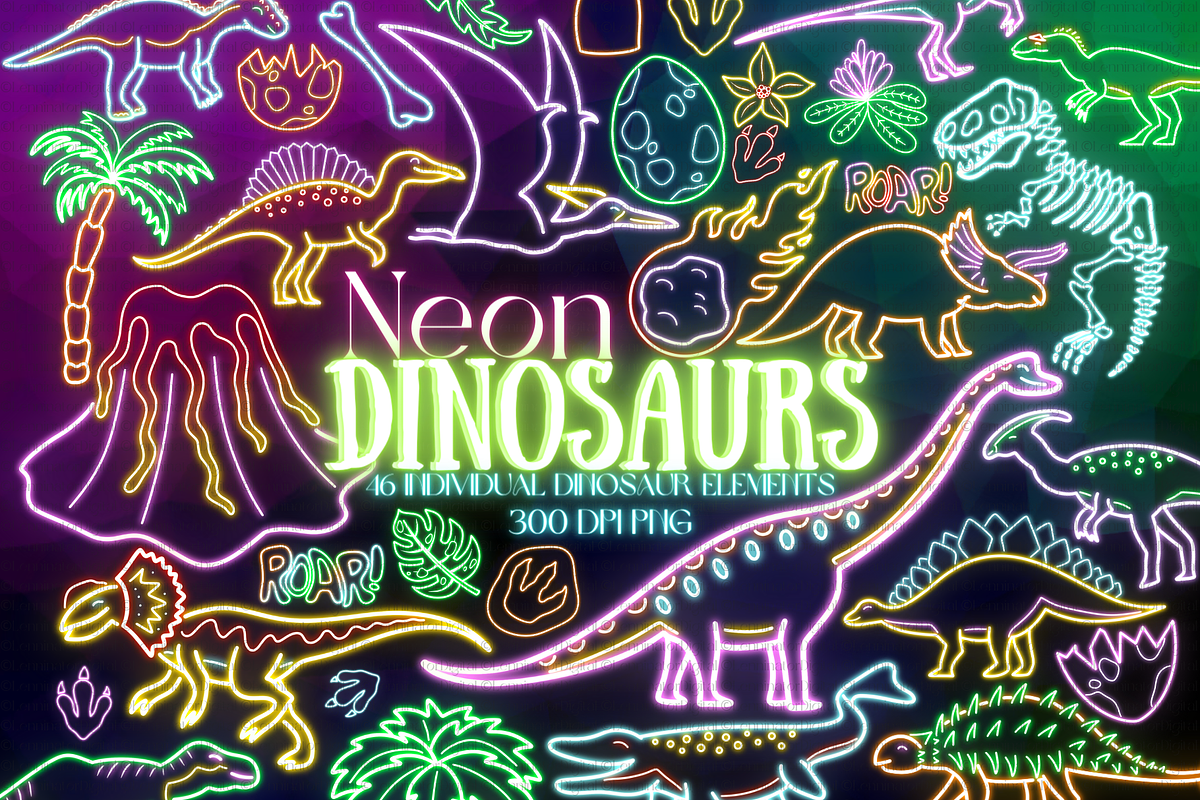 Neon Dinosaur PNG Clipart, an Education Illustration by Lenninator Digital