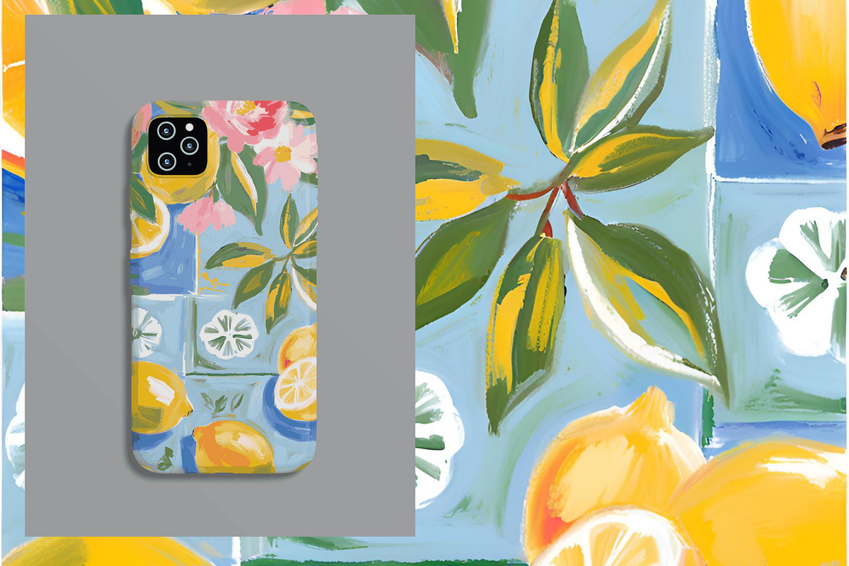 Summer lemon floral Mediterranean Blue tiles Floral Designs