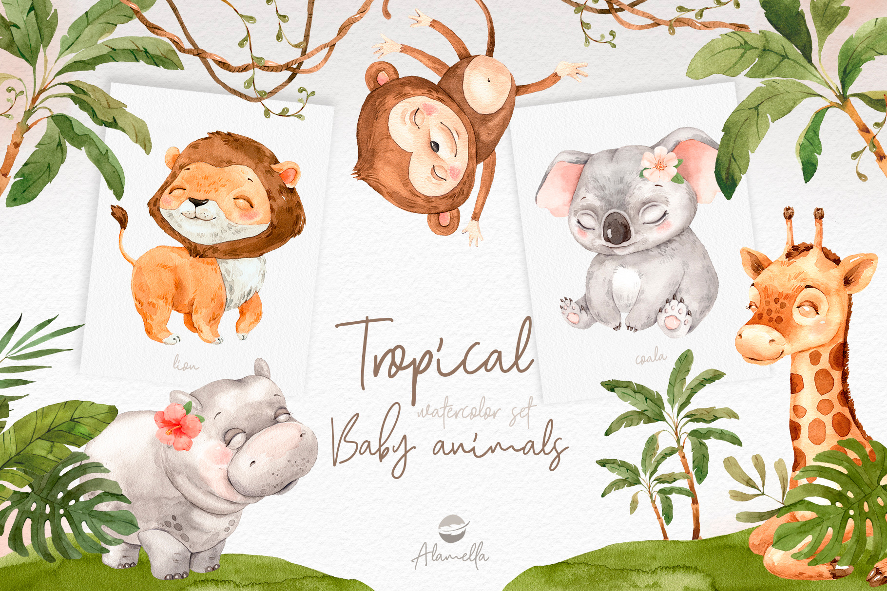Tropical Baby Animals Watercolor set, an Animal Illustration by Alamella