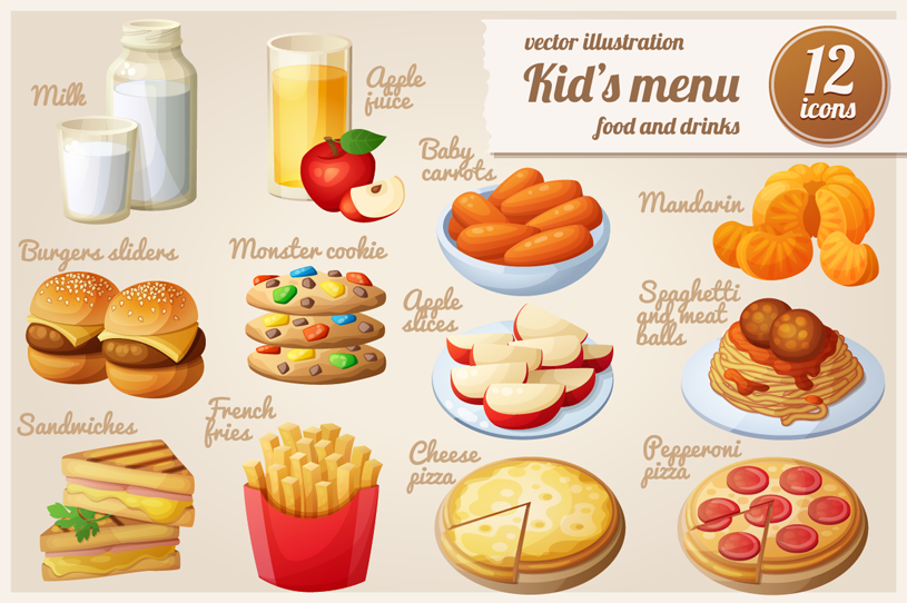 Kids menu: Cartoon vector food icons | Graphic Objects ~ Creative Market
