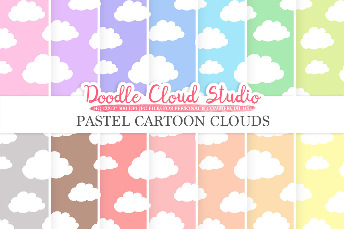 Pastel Cartoon Clouds digital paper, a Pattern Graphic by Doodle Cloud ...
