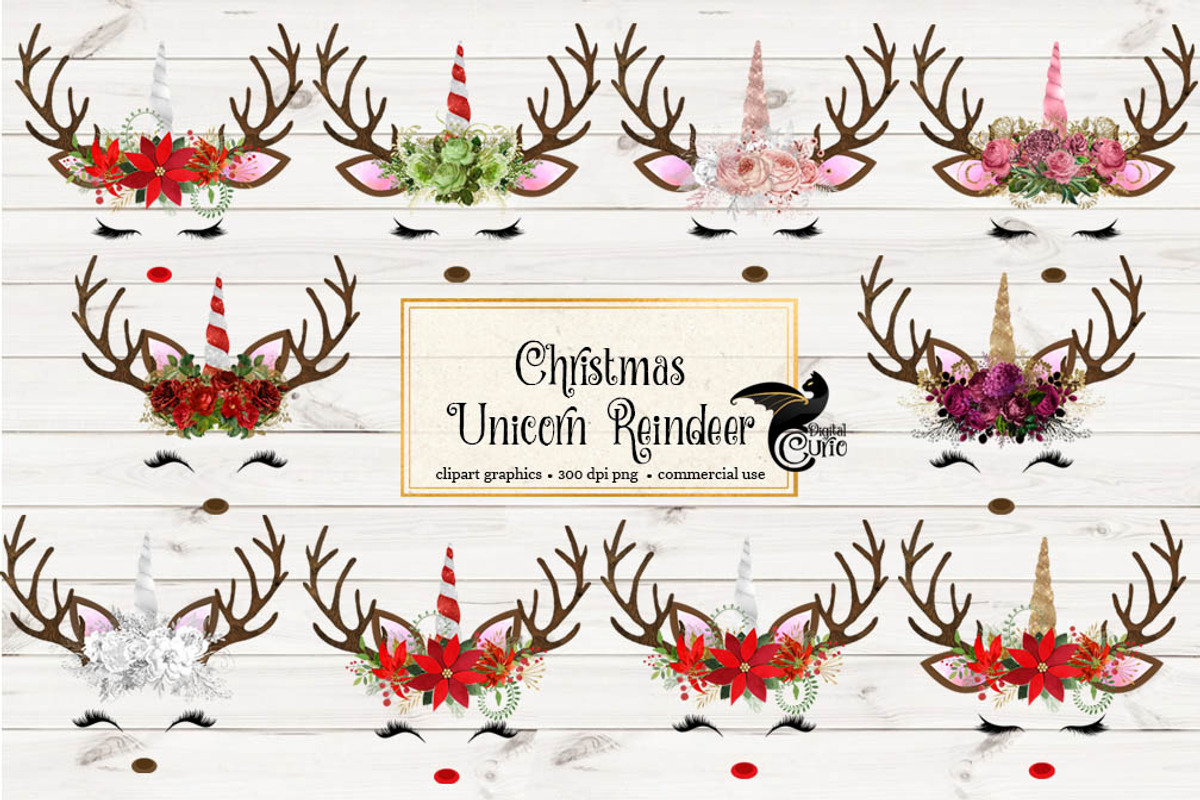Christmas Unicorn Reindeer Clipart, an Illustration by Digital Curio