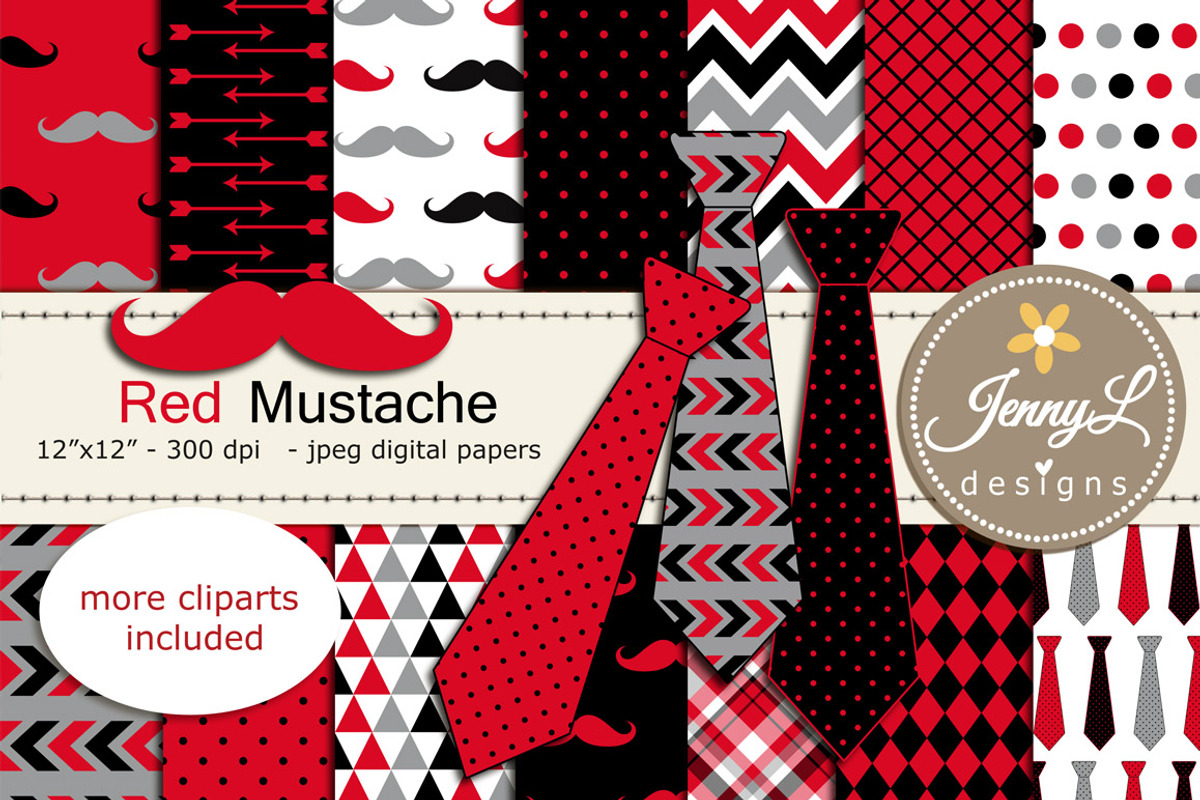 Red Mustache Necktie Digital Paper, a Pattern Graphic by JennyL Designs