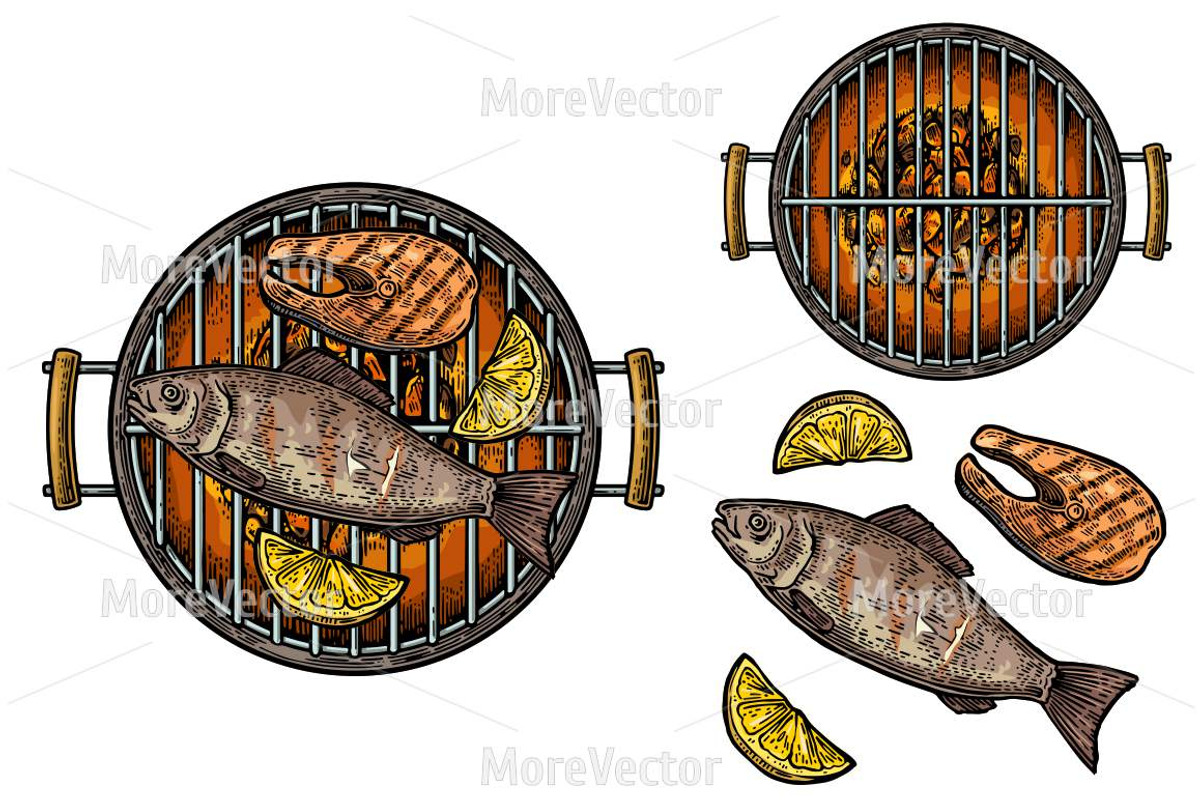Barbecue grill whole, steak fish, an Illustration by MoreVector ...