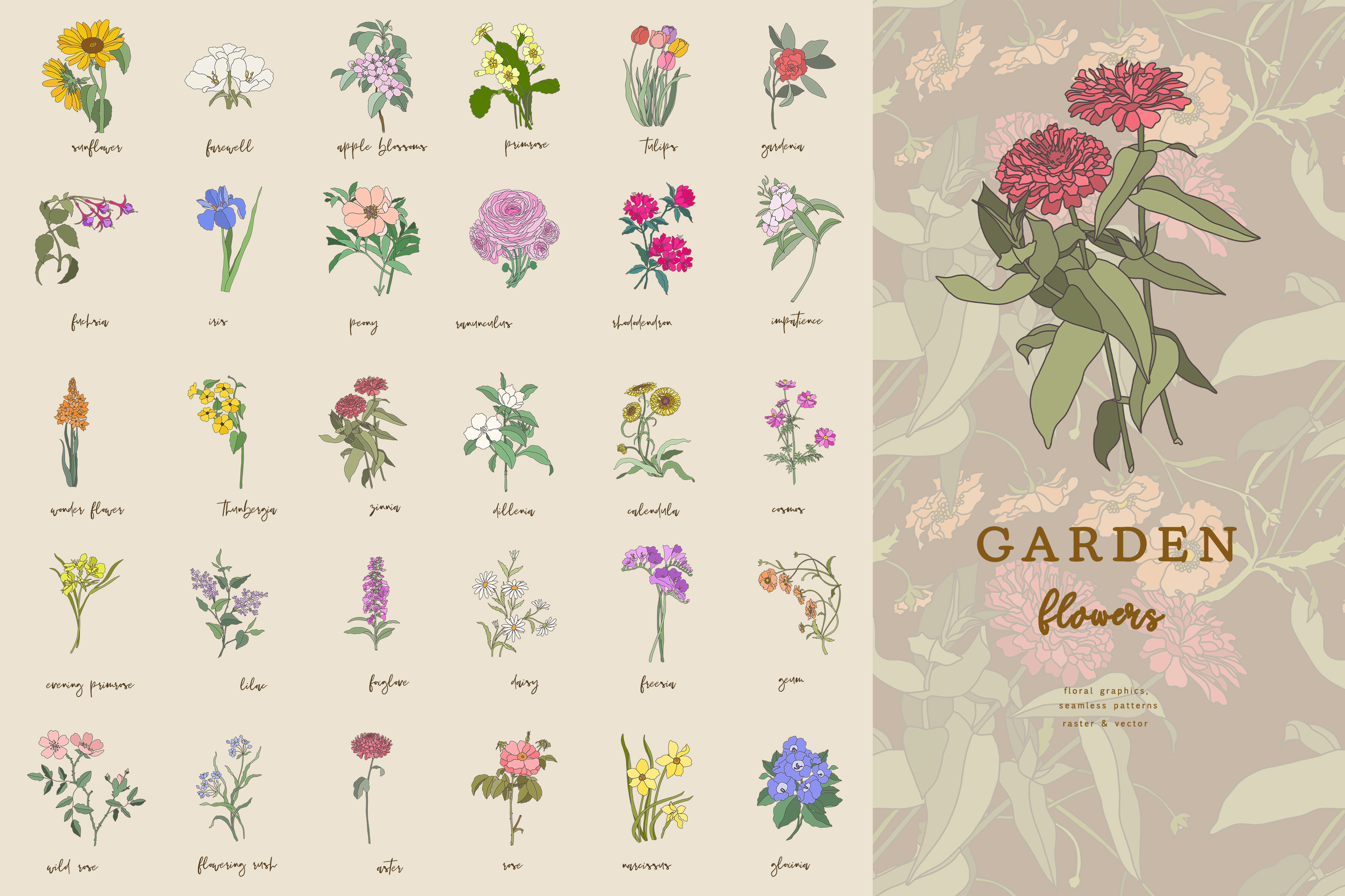 Garden Flowers digital floral clipart collection